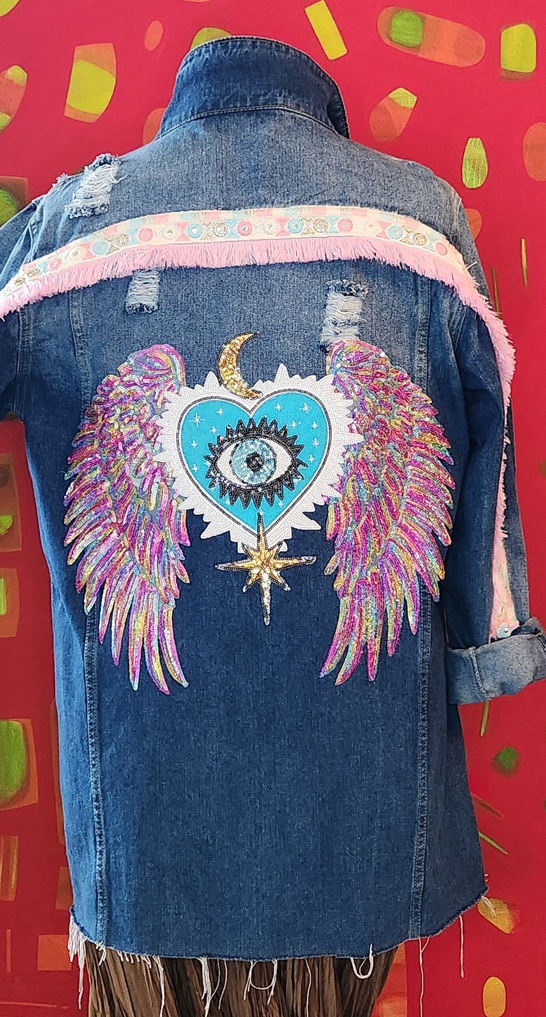 Pretty in Pink Jean Jacket Pink and Turquoise Mirror Work Ribbon and ...