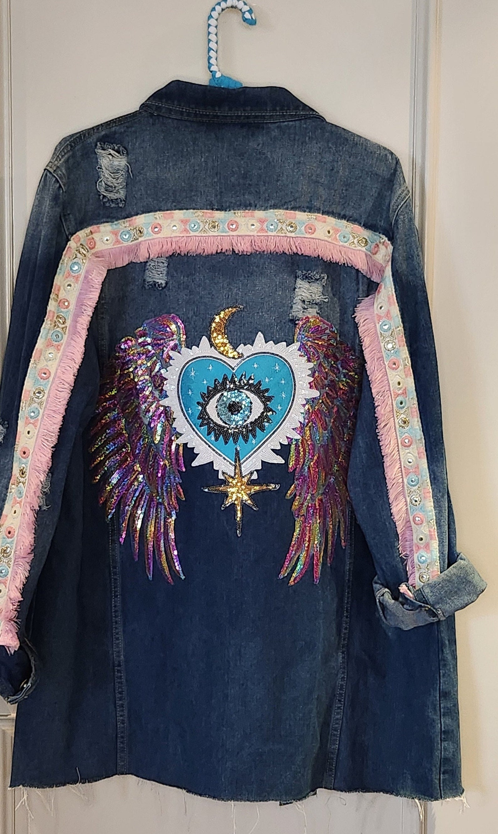 Pretty in Pink Jean Jacket Pink and Turquoise Mirror Work Ribbon and ...