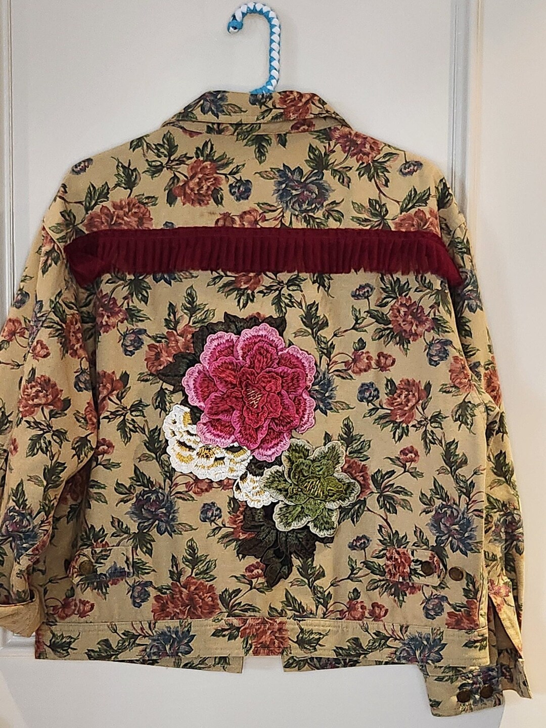 Upcycled Floral Tan Denim Jacket With Embroidered Red Flowers on the ...