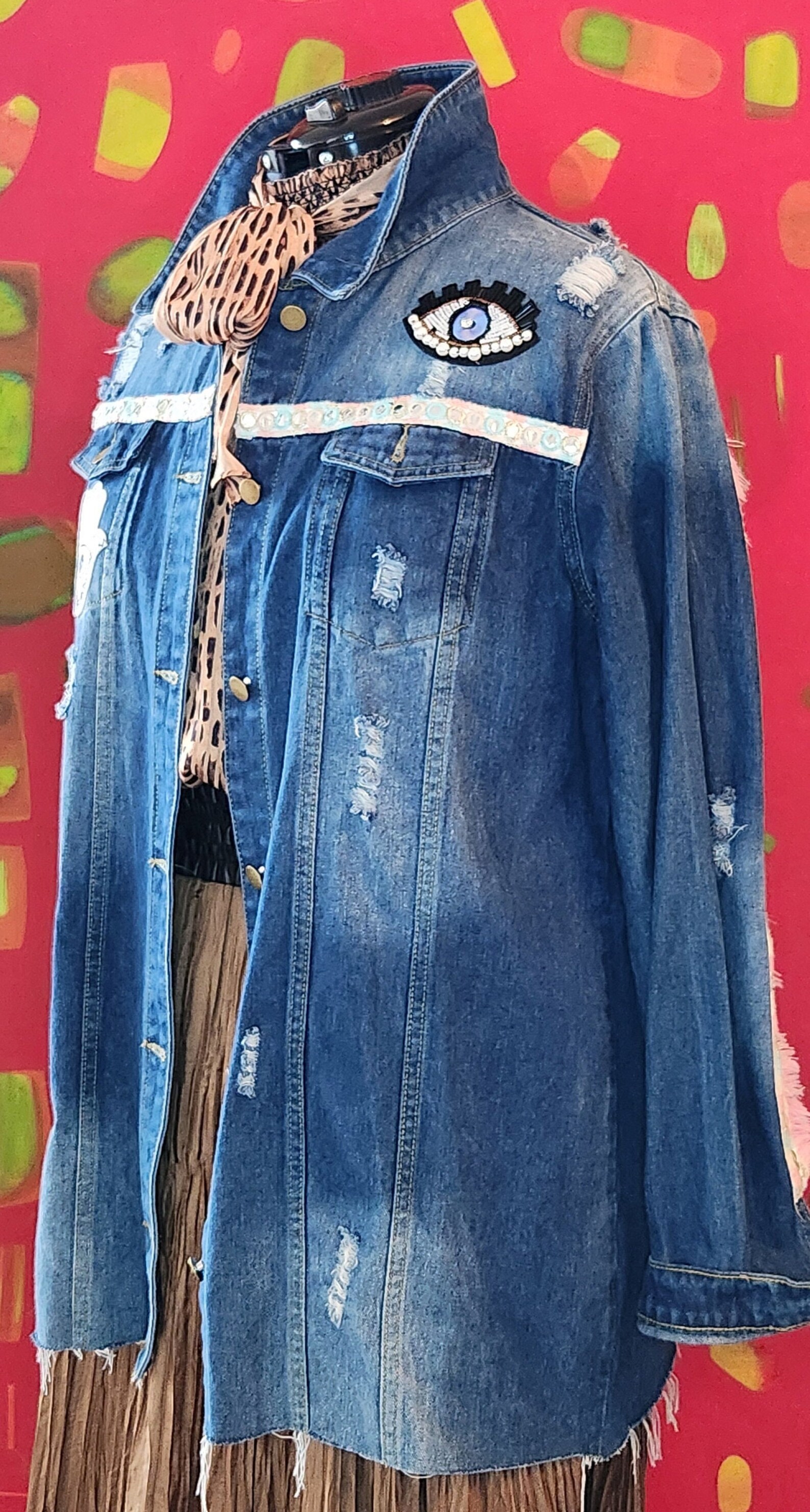 Pretty In Pink Jean Jacket Pink And Turquoise Mirror Work Ribbon And Iridescent Sequin Wings