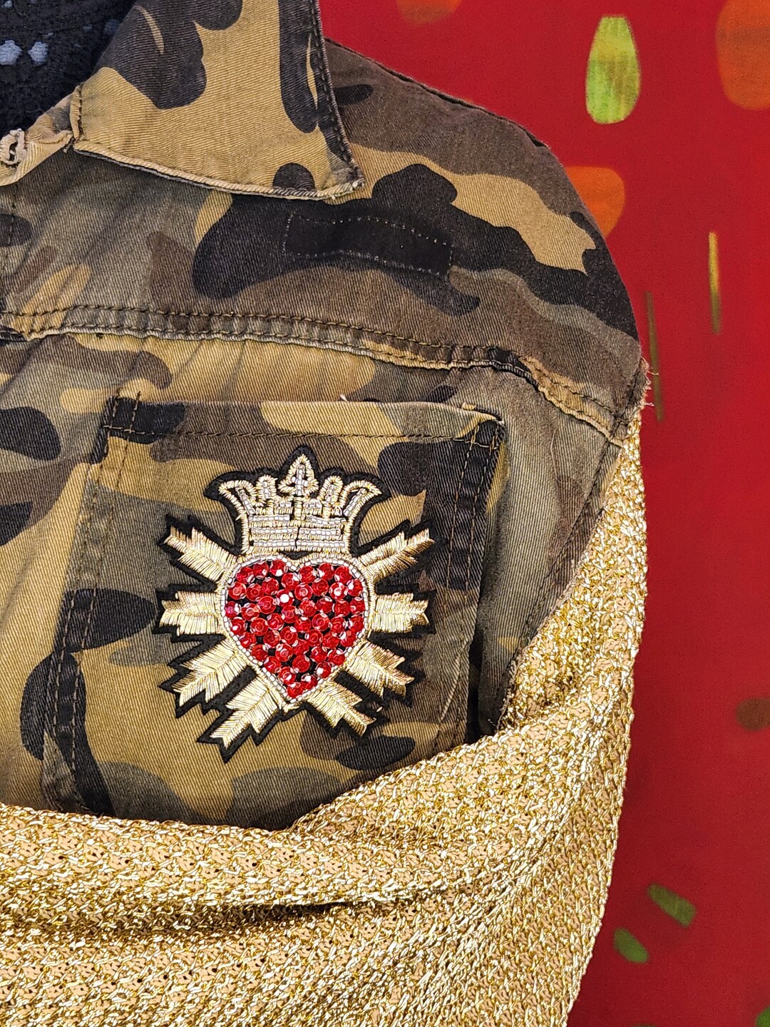 Bohemian Army Jacket With Wide Knit Gold Sleeves, Embroidered Sacred ...