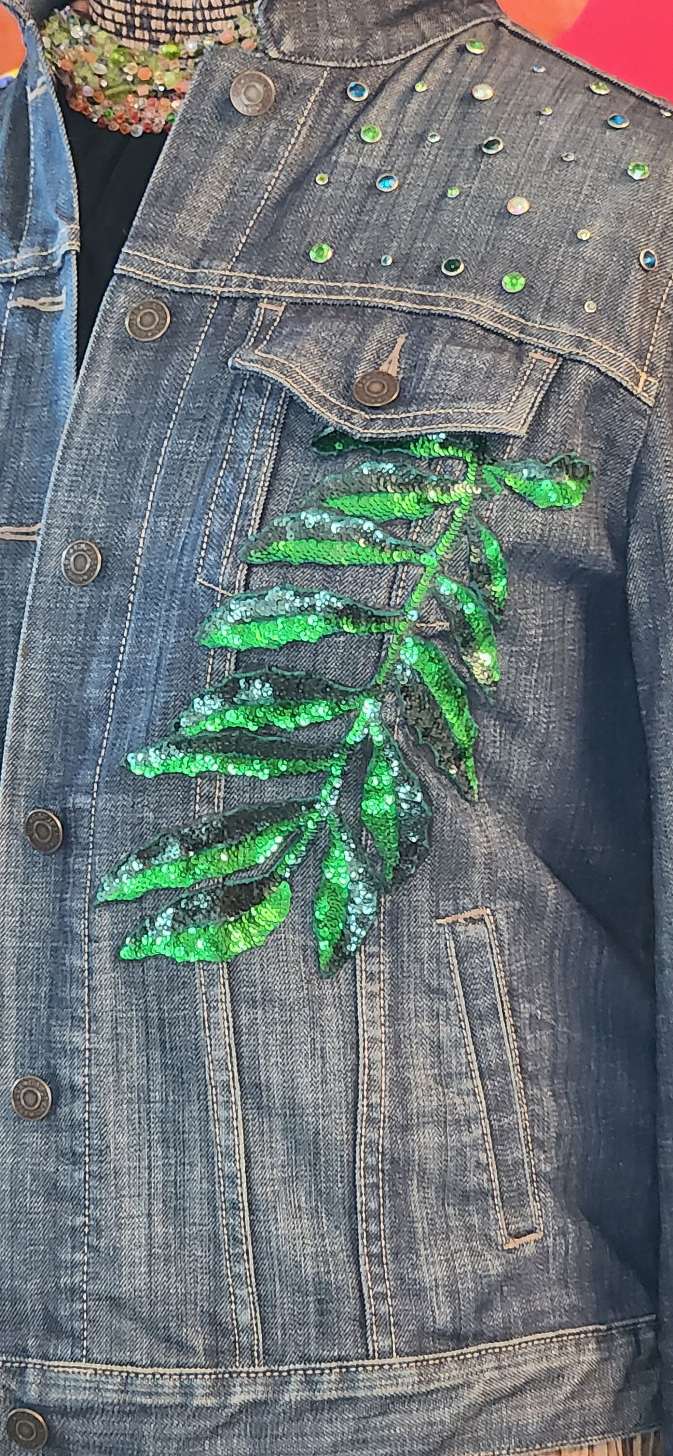 Upcycled Sequin Budgie Jean Jacket: Rhinestone Parrot, Tropical Leaves ...