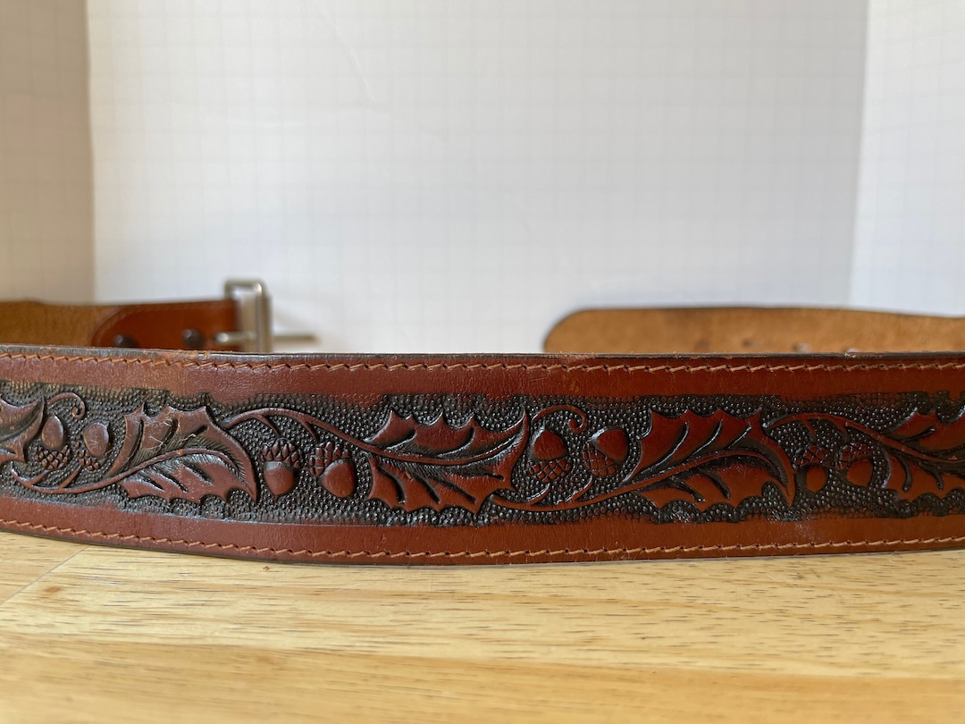 Tooled Leather Belt. Acorn & Oak Leaf Pattern. Size 30 X 1-3/4. Marked ...