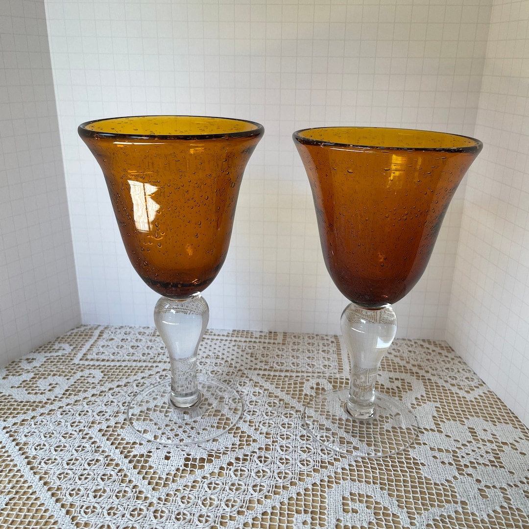 Vintage Hand-blown Goblets. Set of 2 Honey Amber Glass Goblets With ...