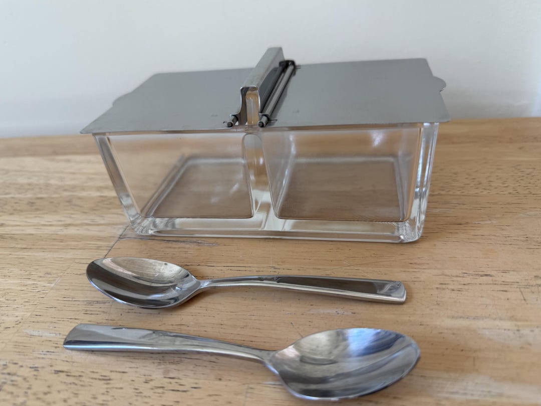 Vintage Glass Jam Server, With 2 Compartments & Spoons, Has Tip-up ...