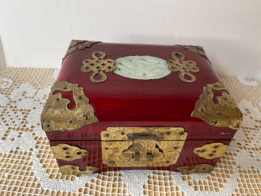 Vintage Jewelry Box. Red Lacquered Wood Box With Engraved Brass ...