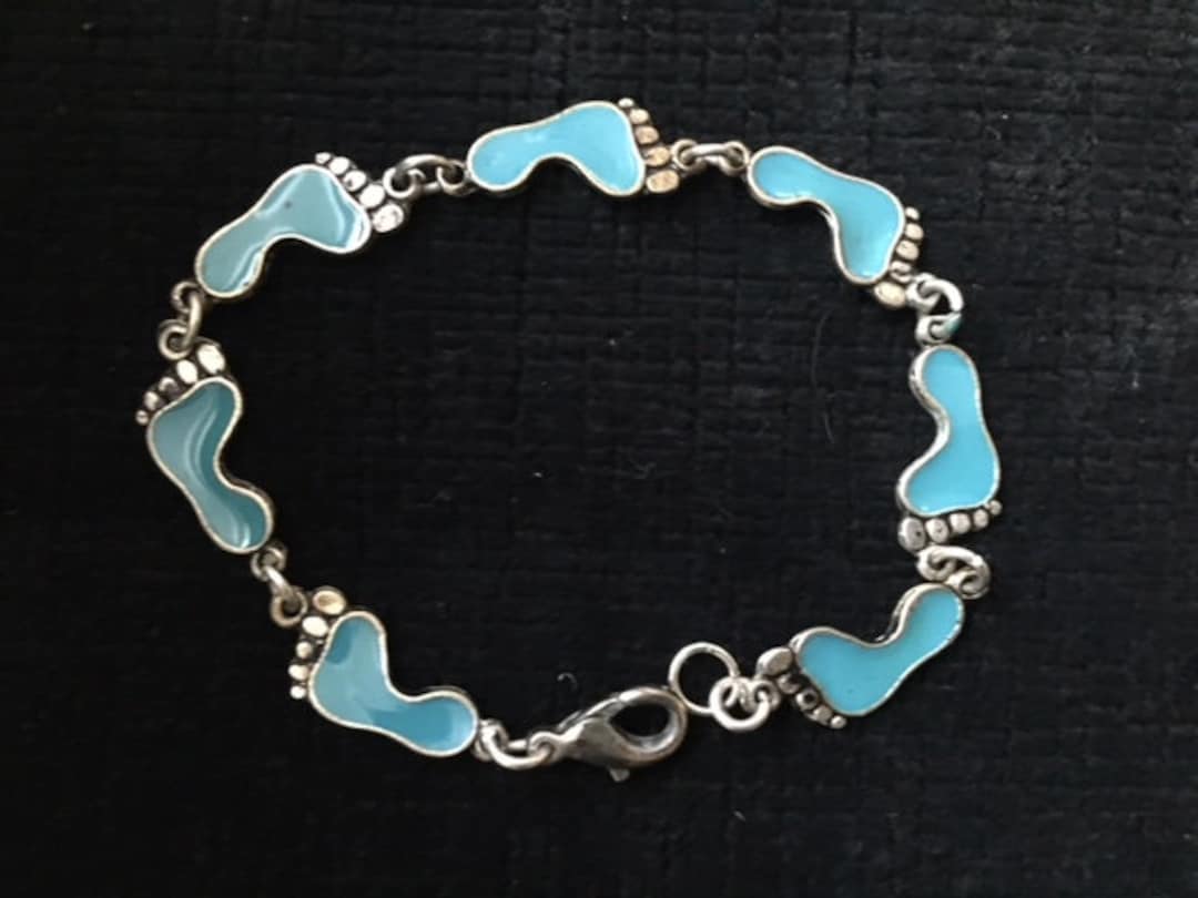 Cute Bracelet, Anklet. 6-1/2 Long. Blue Enamel & Silver Tone Footprint ...