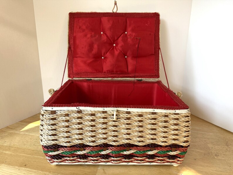 Vintage Rattan Sewing Basket. Large Size With Embroidered Floral Top ...
