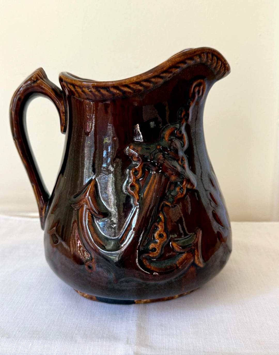 Antique Yellow Ware Beer Pitcher With Brown "rockingham Glaze". Sailing ...