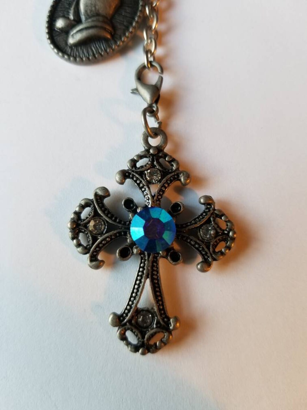 Silver Pewter Crystal Cross Blessed Praying Hands Rear View Mirror Car ...