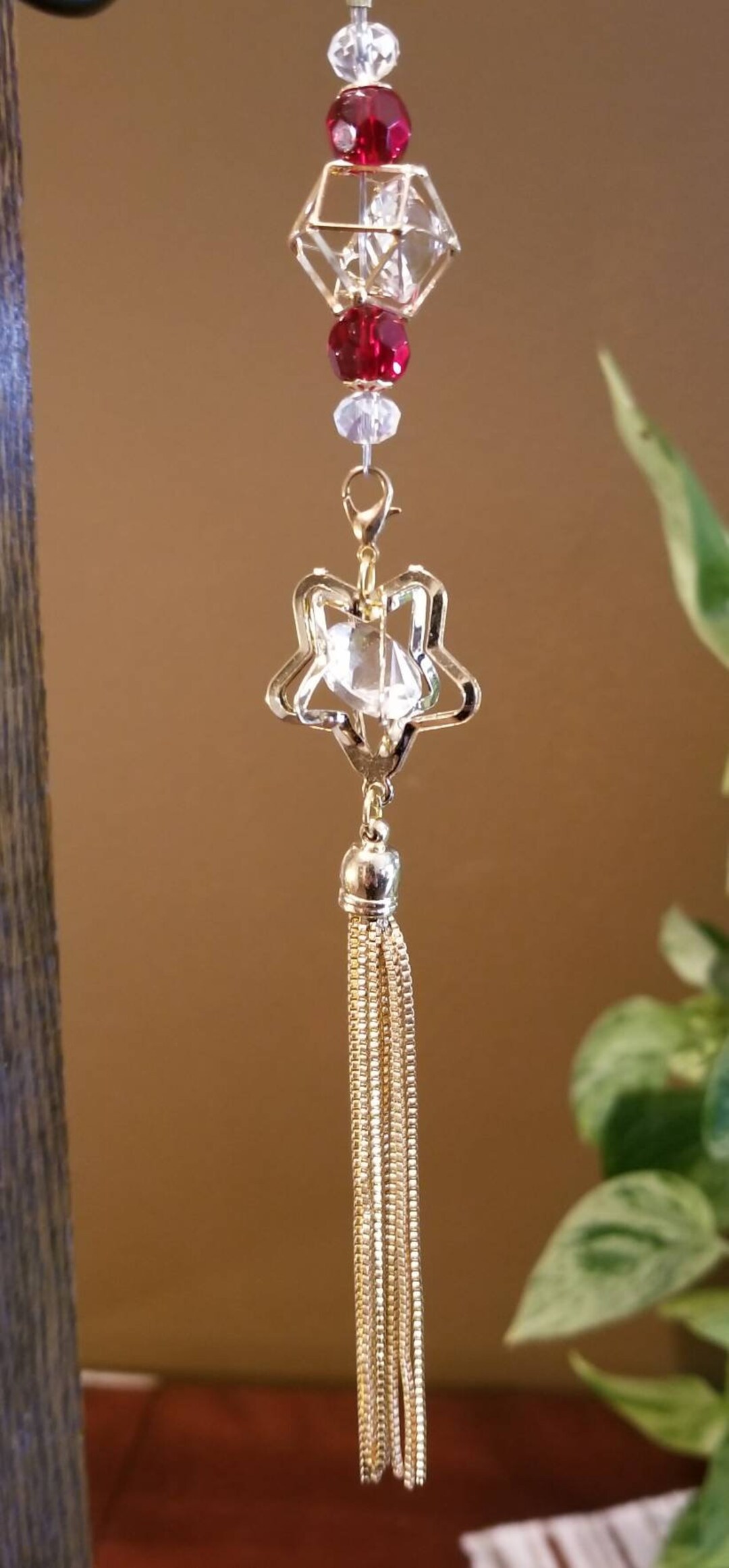 Red Gold Dangle Tassel Crystal Star Bling Rear View Mirror Car Charm ...