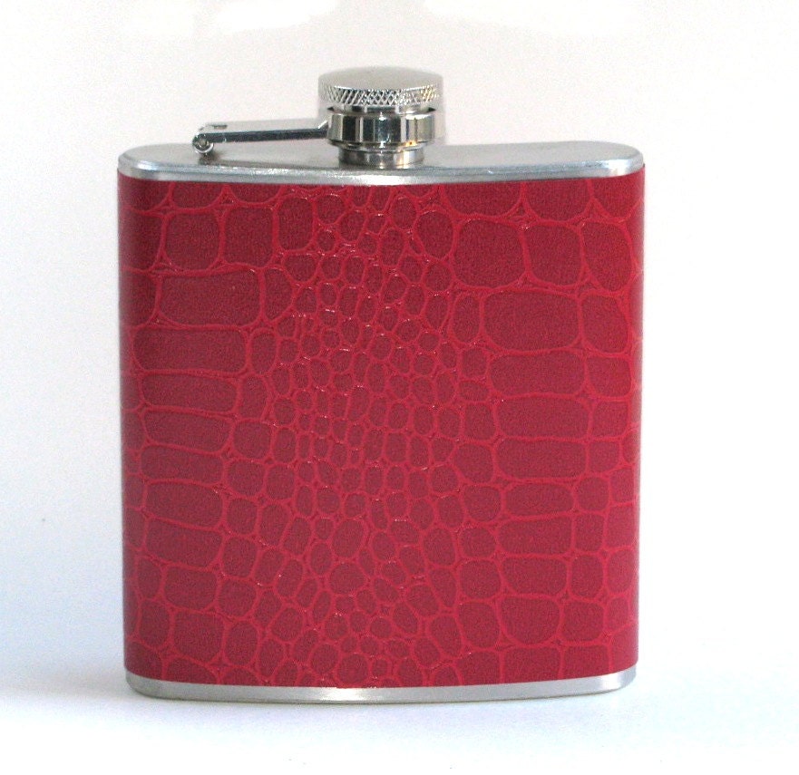 Red Faux Snakeskin Alligator Skin 6 oz Size Stainless Steel Liquor Hip ...