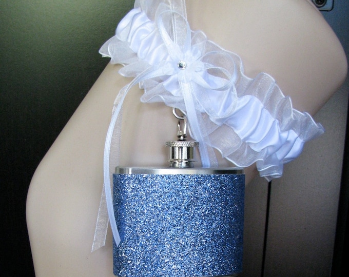 White Satin Lace Garter Sparkly Light Blue Glitter Stainless Steel ...