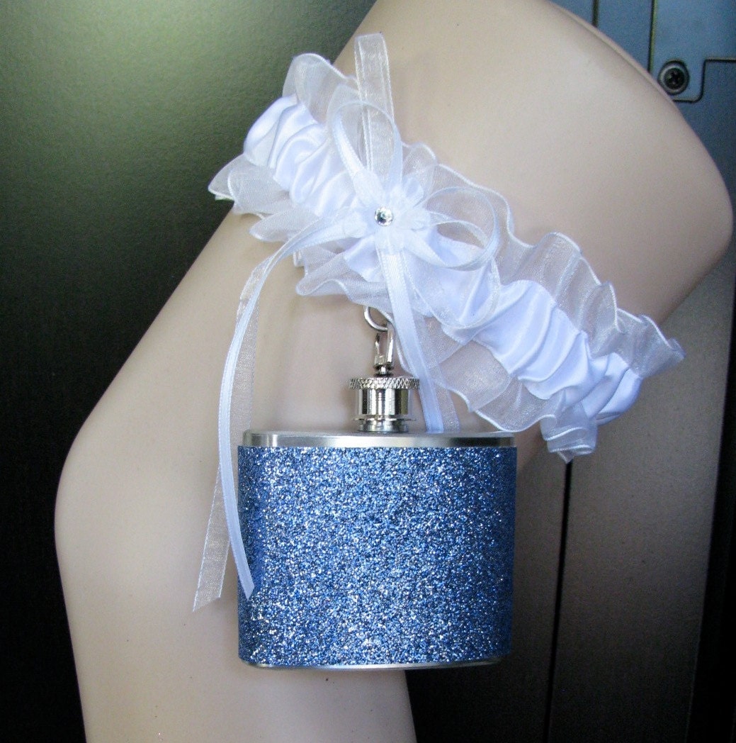 White Satin Lace Garter Sparkly Light Blue Glitter Stainless Steel ...