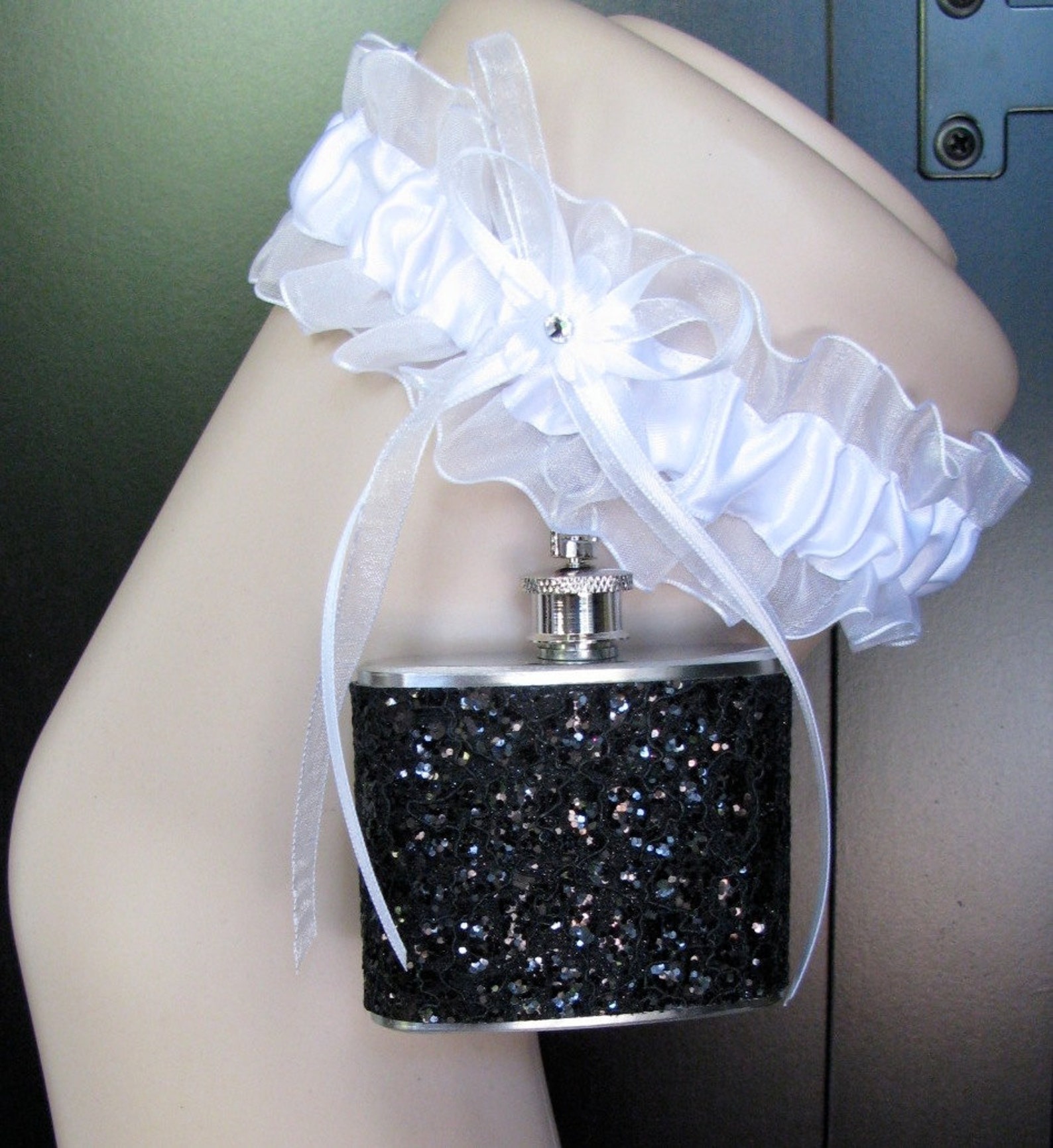 White Satin Lace Garter Sparkly Black Sequin Glitter Stainless Steel ...