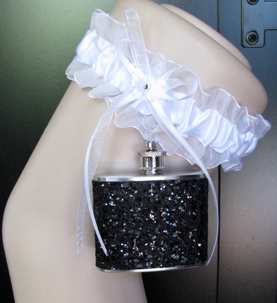 White Satin Lace Garter Sparkly Black Sequin Glitter Stainless - Etsy