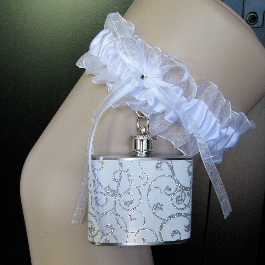 White Satin Lace Garter Sparkly Silver Swirl Glitter Stainless Steel ...