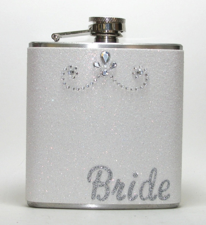 White Brides Wedding Sparkly Glitter 6 Oz Size Stainless Steel Liquor ...