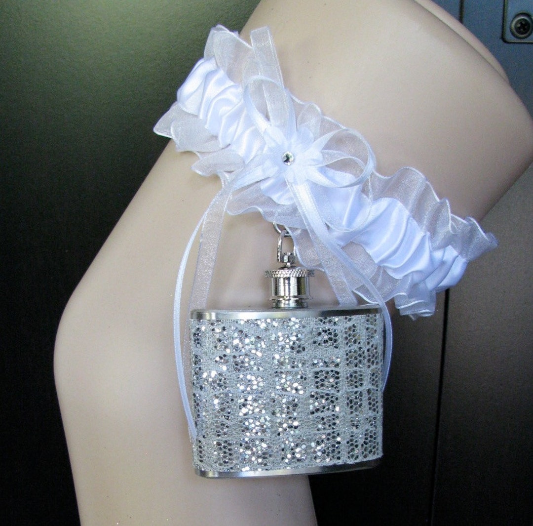 White Satin Lace Garter Sparkly Silver Snakeskin Glitter Stainless ...