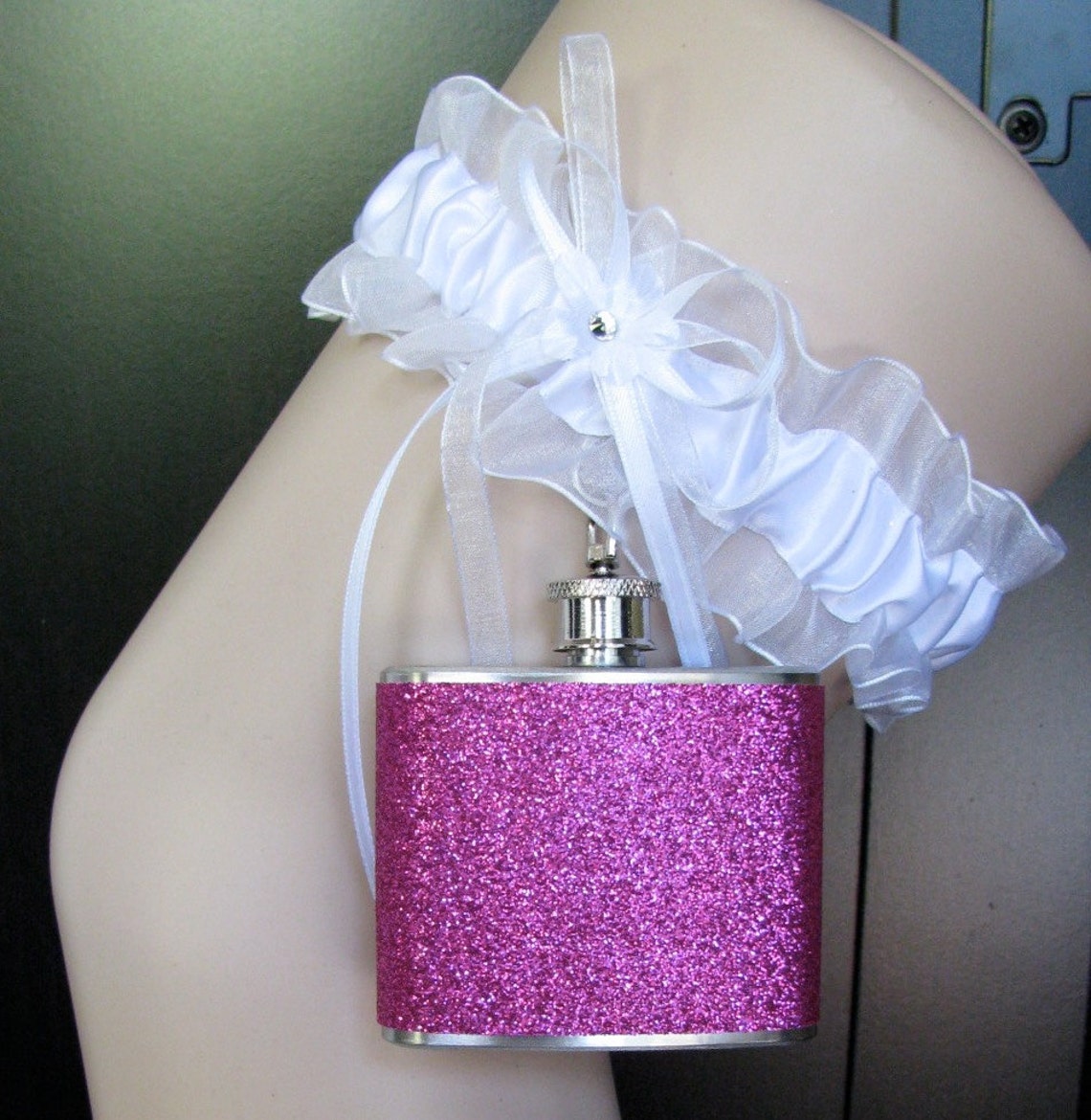 White Satin Lace Garter Sparkly Pink Glitter Stainless Steel Liquor Hip ...
