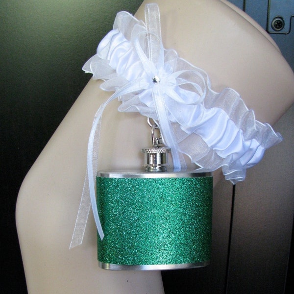 White Satin Lace Garter Sparkly Silver Swirl Glitter Stainless Steel ...