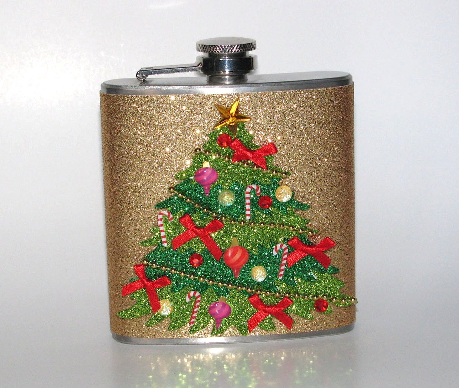 Gold Christmas Tree Rhinestone Glitter 6 Oz Size Stainless Steel Liquor ...