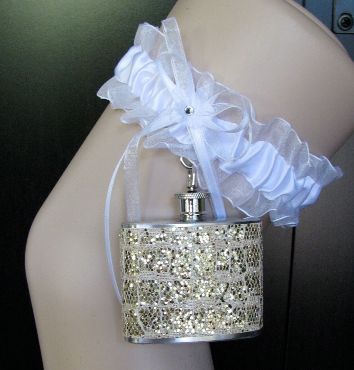 White Satin Lace Garter Sparkly Gold Snakeskin Glitter Stainless Steel ...