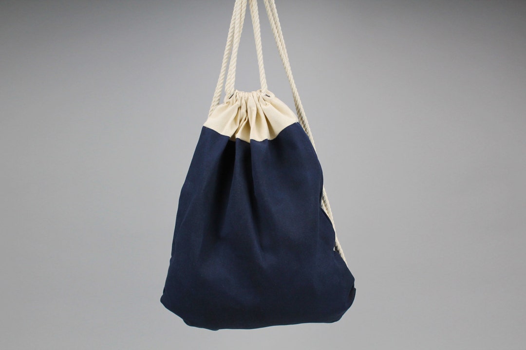 The Daniel Drawstring Backpack // Navy and Natural Waxed Canvas Two ...