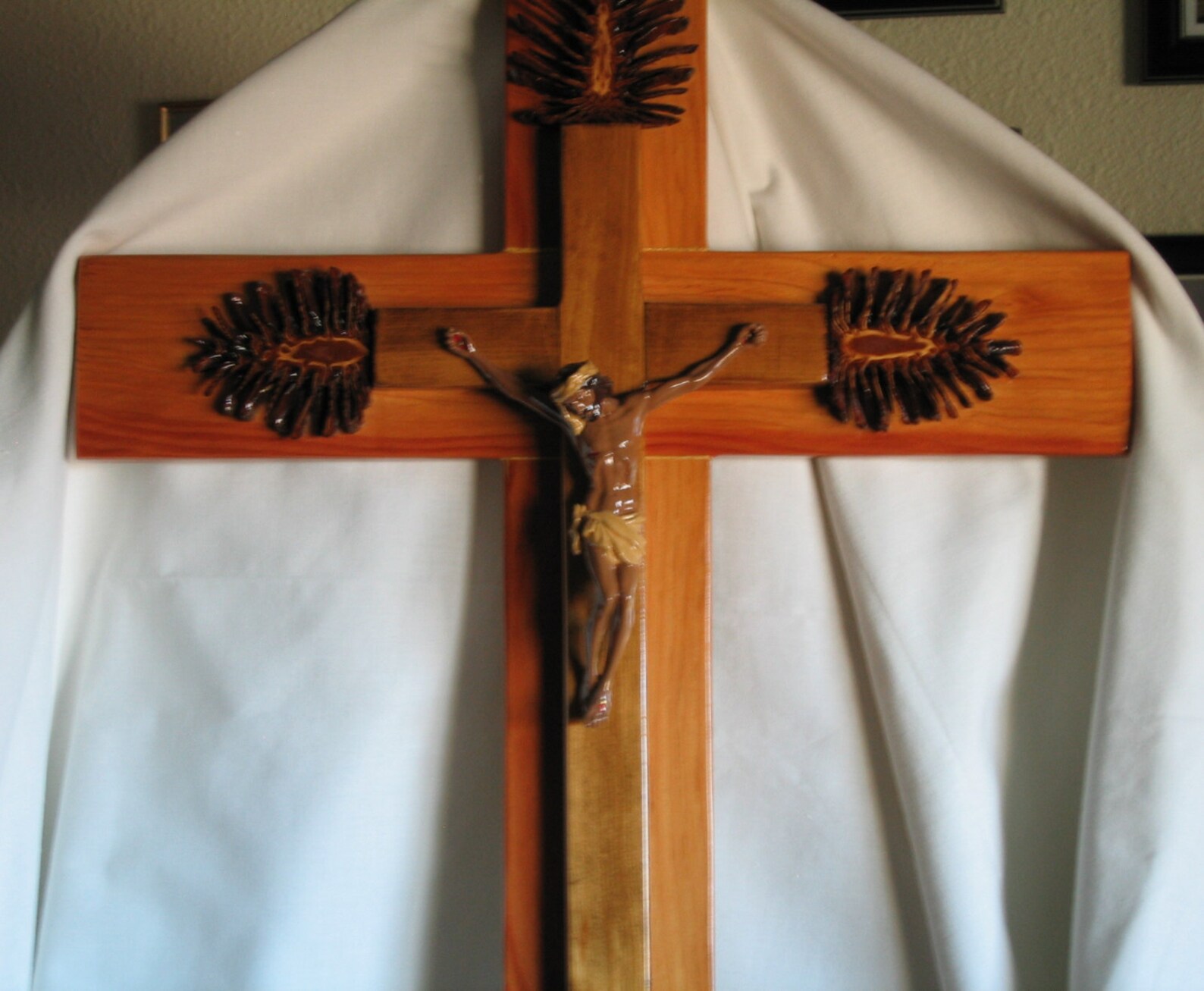 Handmade Pine Wood Cross With Two Crosses, Hand Painted Christ Figure ...