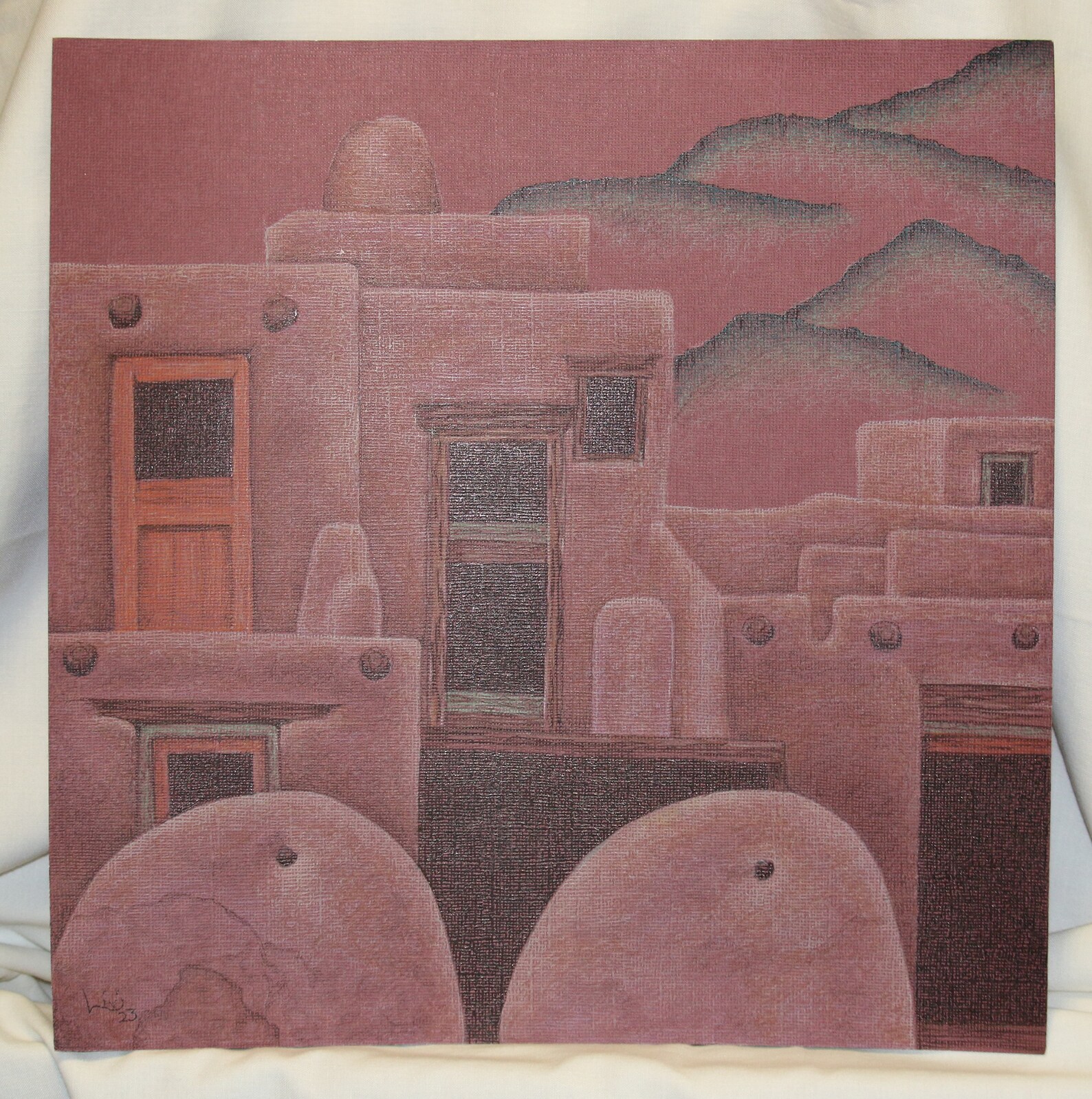 Small Colored Pencil Drawing, Taos Pueblo With Two Hornos on Maroon ...