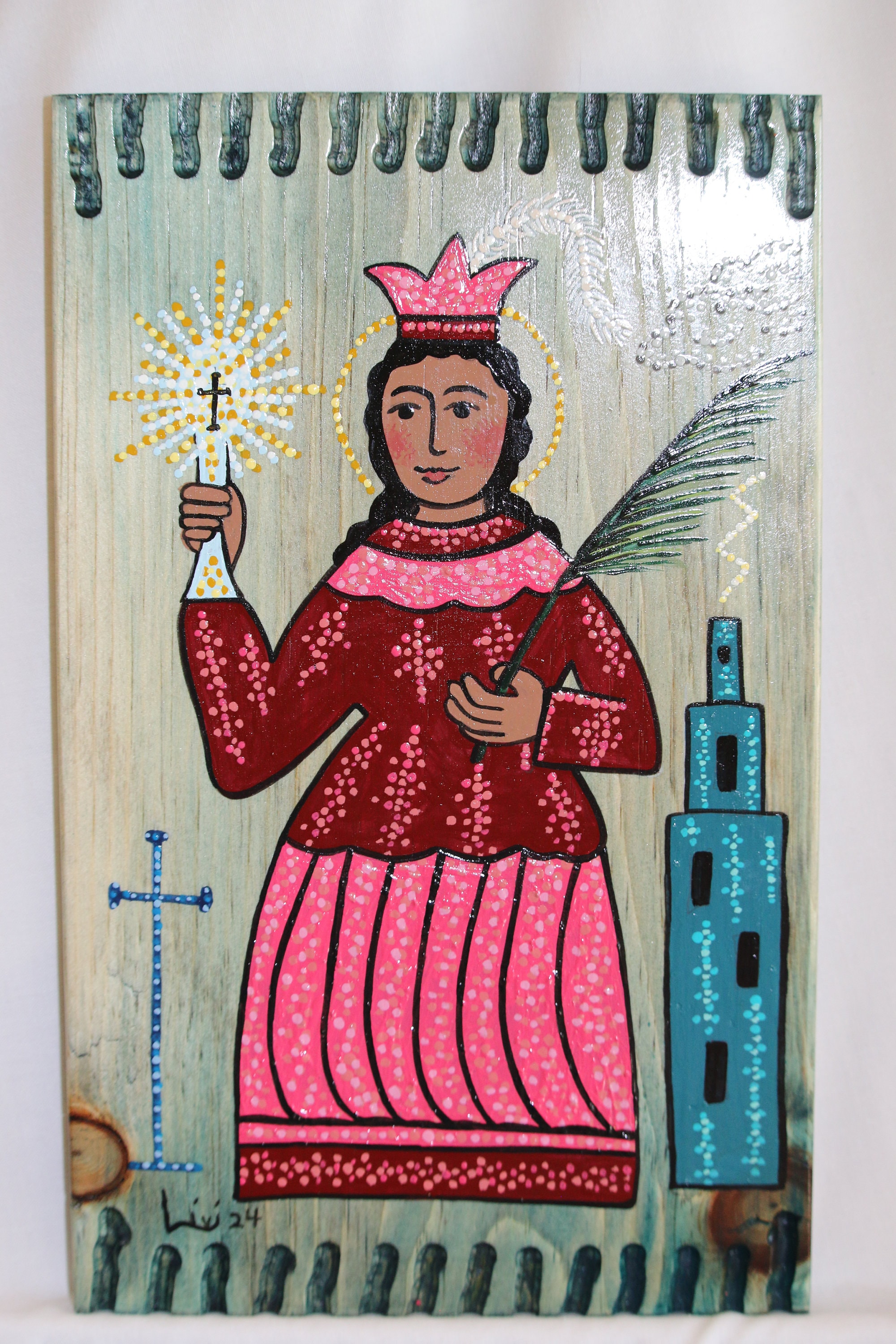 Southwest Handpainted New Mexico Retablo, St Barbara on Green Cut Out ...