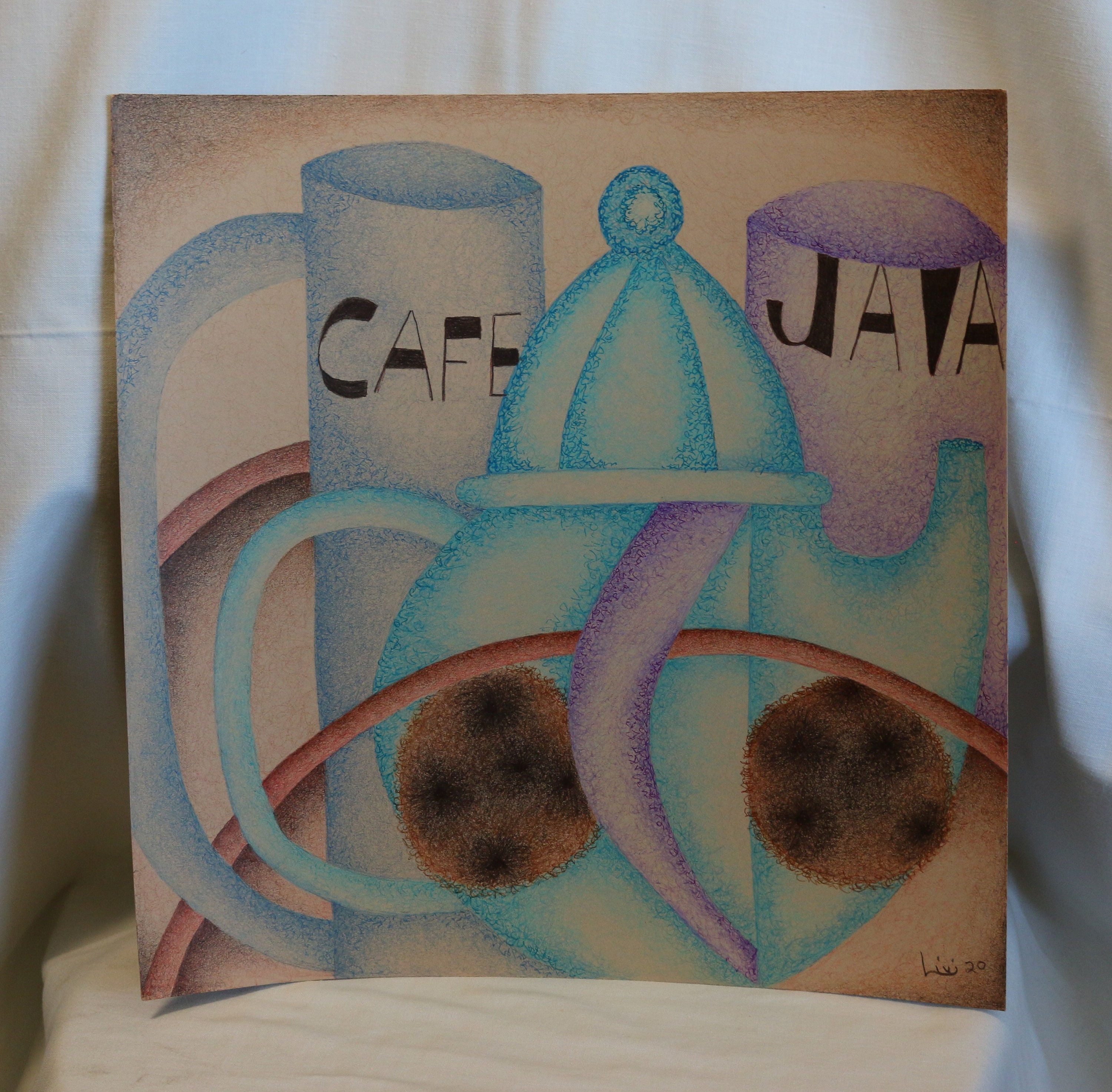Small Colored Pencil Drawing, Abstract Coffee and Cookies on Light Tan ...