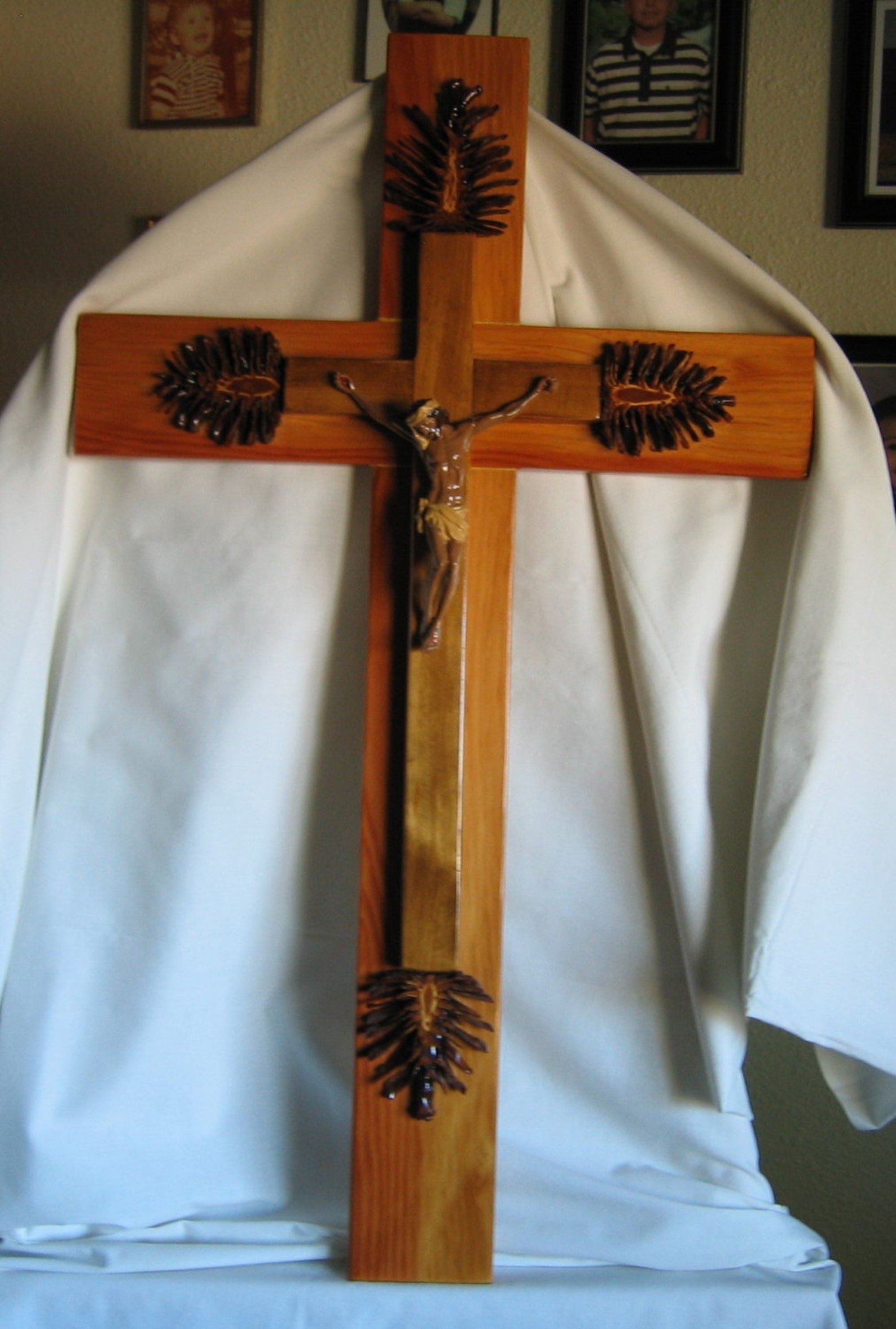 Handmade Pine Wood Cross With Two Crosses, Hand Painted Christ Figure ...