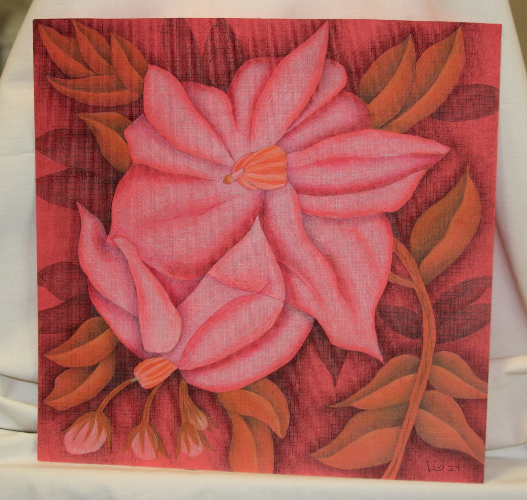 Small Colored Pencil Drawing, Abstract Flower on Dark Pink Paper - Etsy
