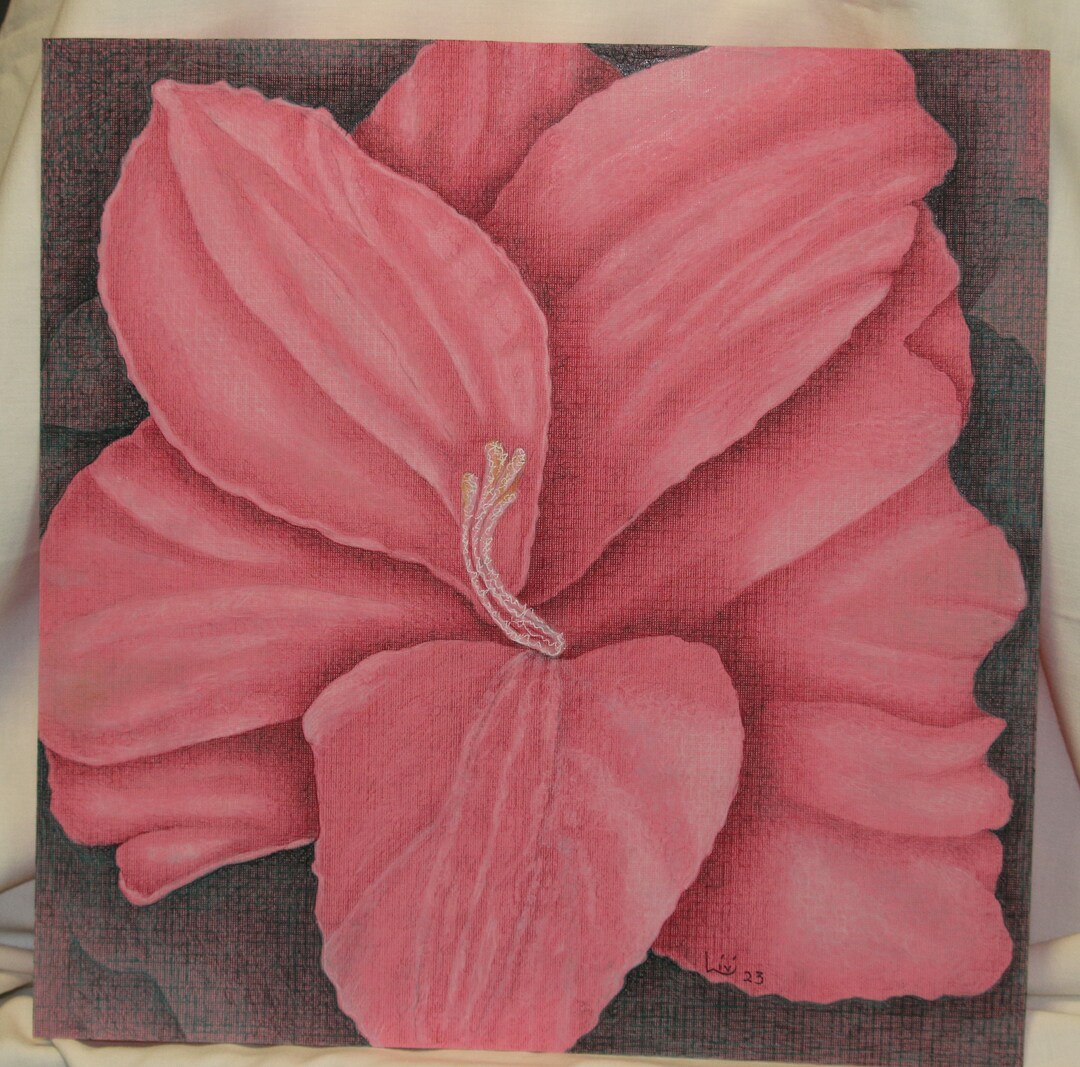 Small Colored Pencil Drawing, Pink Flower Shape With Black Background ...