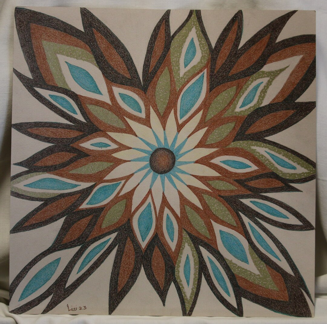 Small Colored Pencil Drawing, Abstract Flower Shape in Turquoise, Brown ...