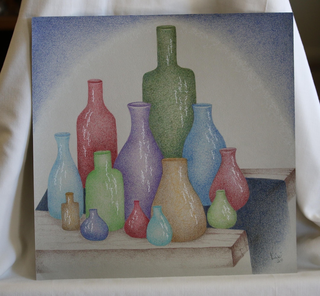 Small Colored Pencil Drawing, Many Colored Bottles on Tan Paper - Etsy