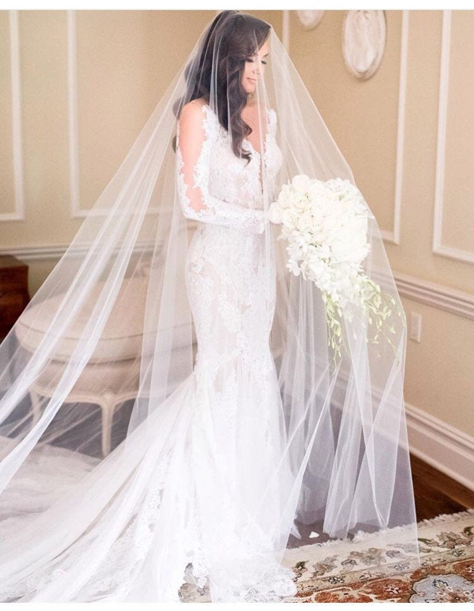 Sheer Drop Bridal Veil With Long Blusher cathedral Veil | Etsy