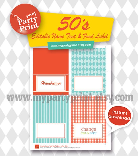 50s Party Printables Editable Name Tent / Place Card / Buffet Food ...