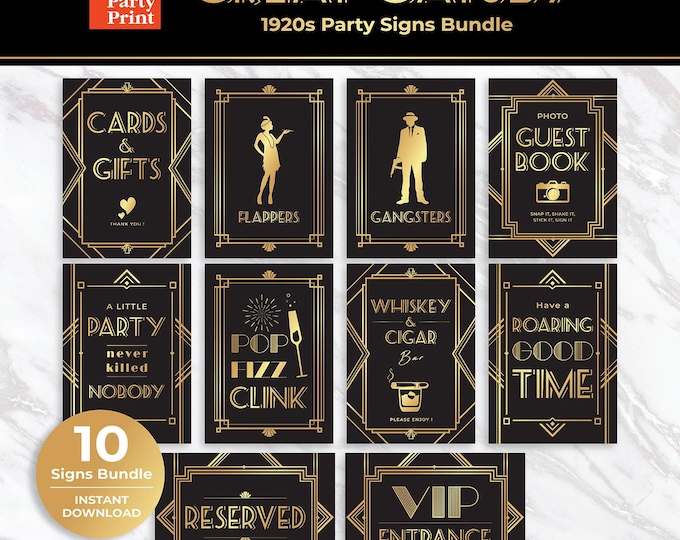 Great Gatsby Speakeasy Party Signs, Digital Art Deco Party Sign Bundle ...