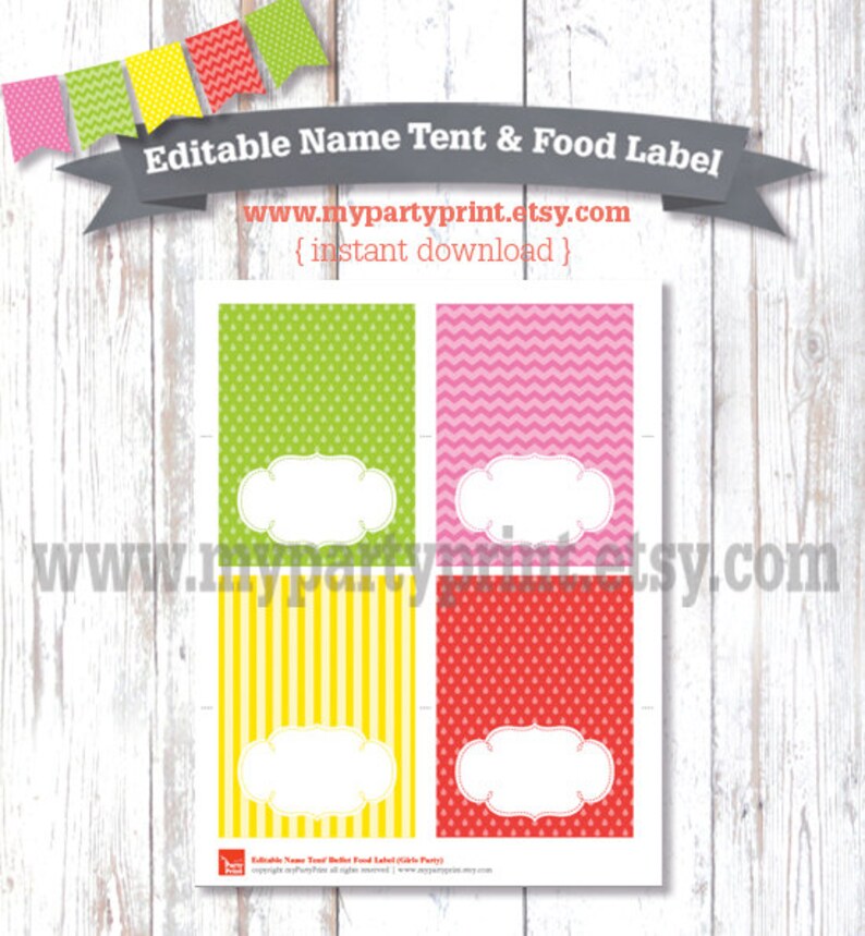 Editable Girls Party Name Tent / Place Card / Buffet Food Label / Table ...