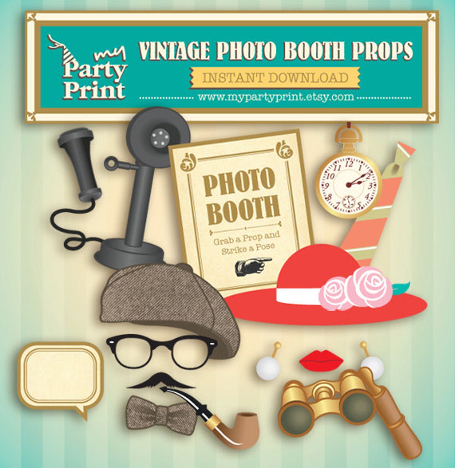 Photobooth Props (vintage) - Party Printable With Digital Mustache Lips ...