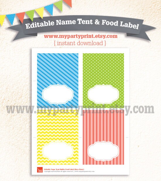 Editable Boys Party Name Tent / Place Card / Buffet Food Label / Table ...