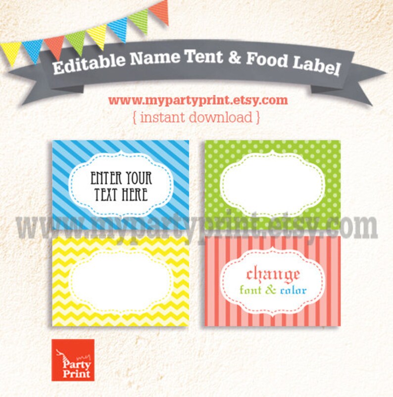 Editable Boys Party Name Tent / Place Card / Buffet Food Label / Table ...