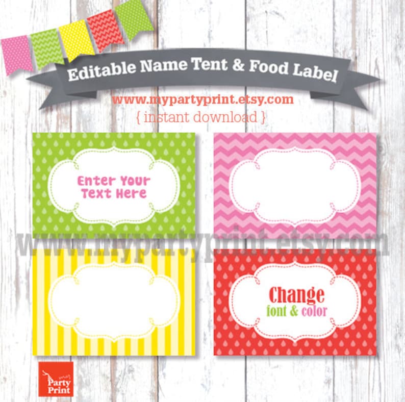 Editable Girls Party Name Tent / Place Card / Buffet Food Label / Table ...