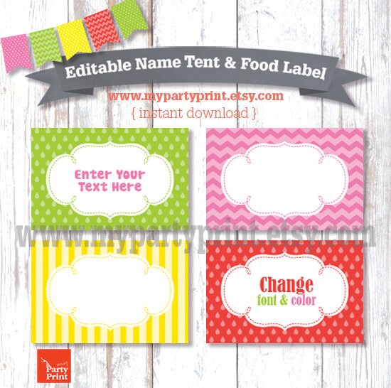 Editable Girls Party Name Tent / Place Card / Buffet Food Label / Table ...