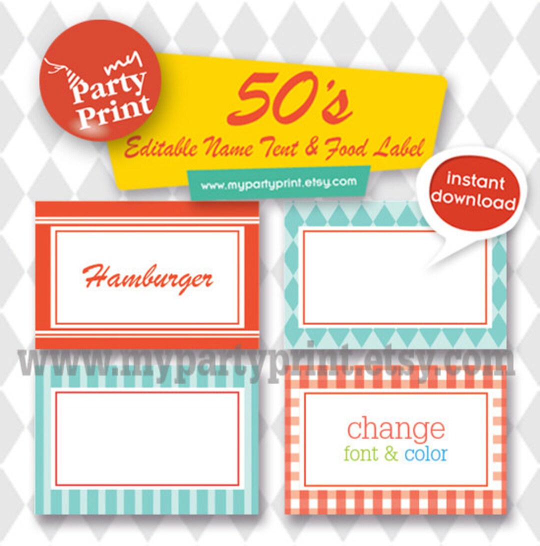 50s Party Printables Editable Name Tent / Place Card / Buffet Food ...
