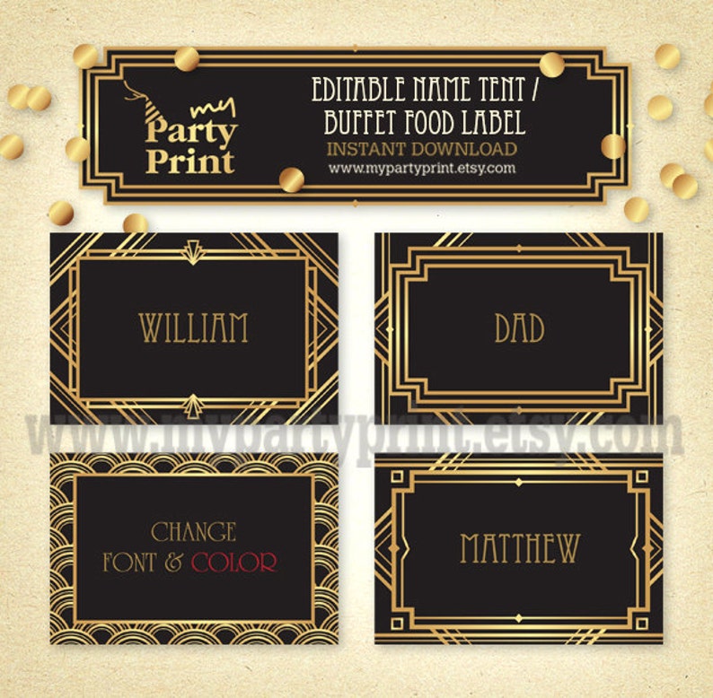 Editable Great Gatsby 20s Party Name Tent Wedding Place Card Buffet Editable Great Gatsby 20s Party Name Tent Wedding Place Card Buffet