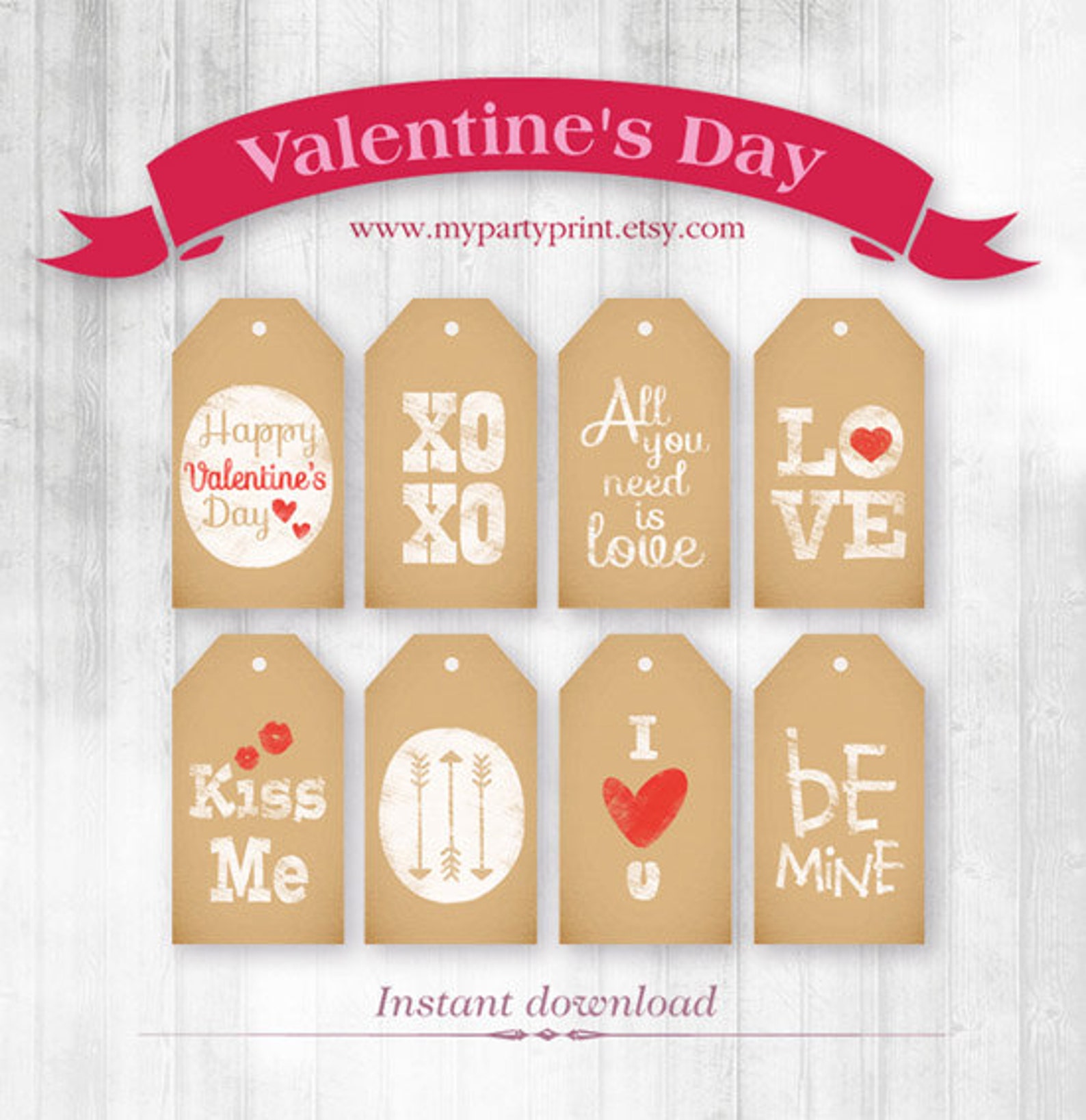 Printable Kraft Valentine's Day Tags / DIY Gift Tags Instant Download ...