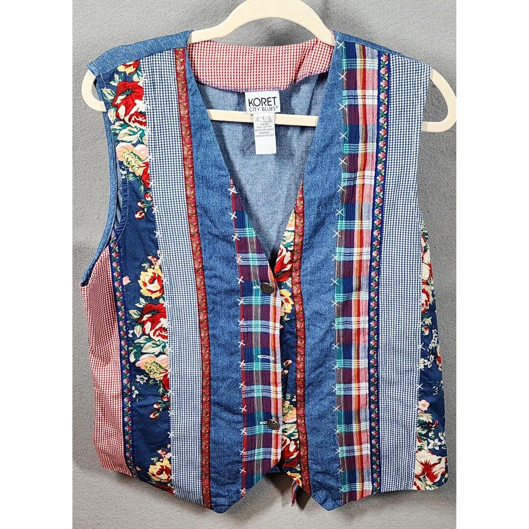 Koret City Blues Vest Womens Large Patchwork Denim Floral Button Front ...